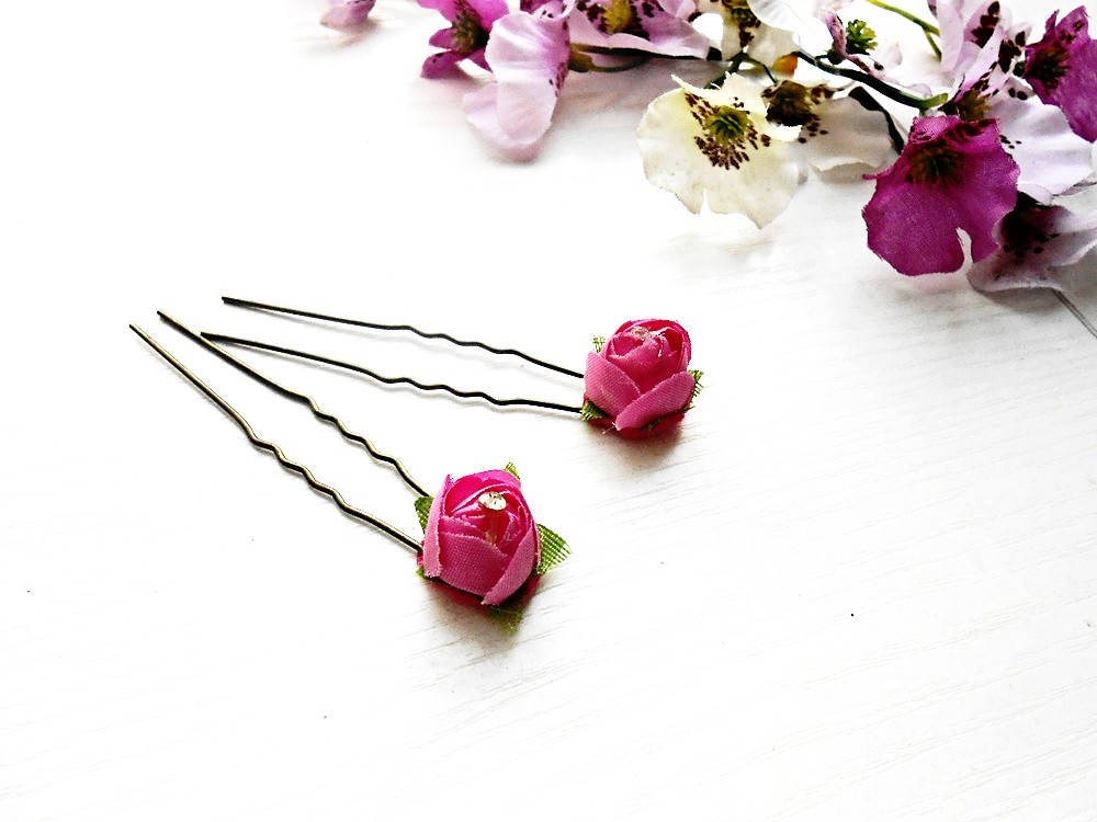 Rose Hair Pin Set 2 Pc Bobby Slide Pins Floral Pink Silk Fabric Flower ...