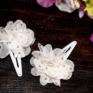White Flower Snap Hair Clip Set 2 Pieces Fabric Clear Crystal Slide Pin ...