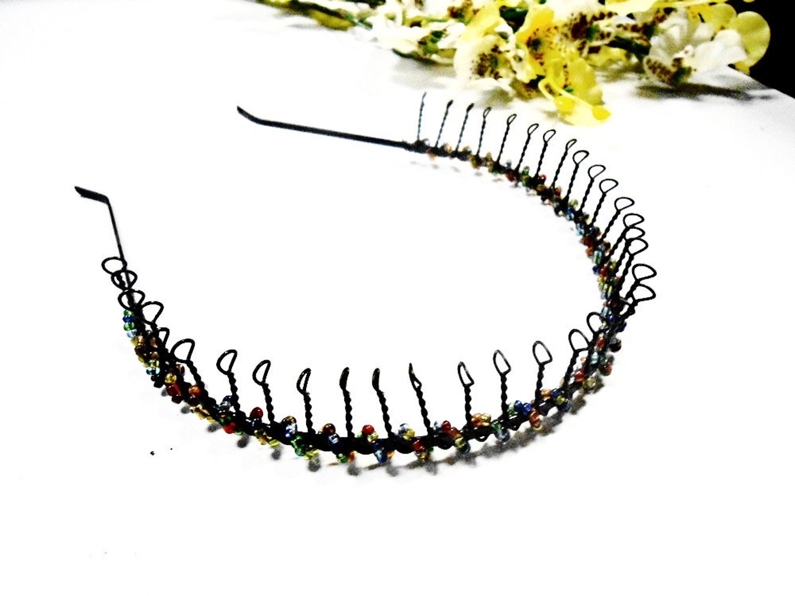 Black Headband Wire Teeth Tiara Band Rainbow Glass Crystal Hairband ...