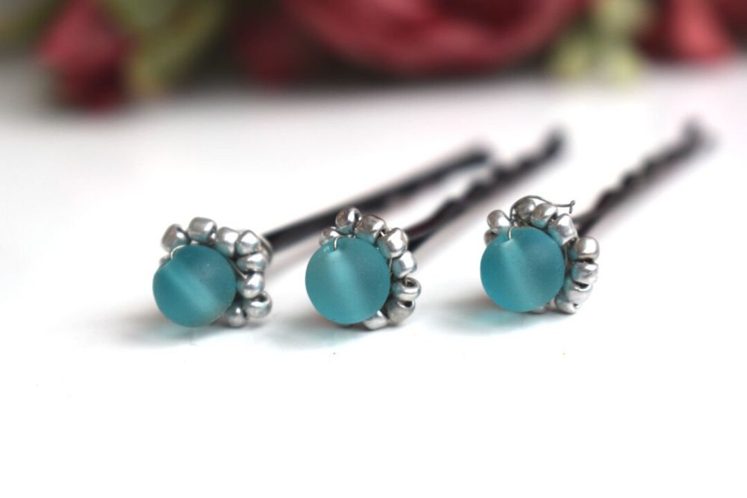 Sea Glass Bobby Pins Set 3 Pc Blue Aquamarine Crystal Hair Pick ...