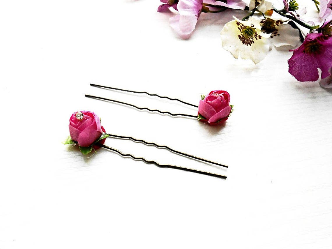 Rose Hair Pin Set 2 Pc Bobby Slide Pins Floral Pink Silk Fabric Flower ...