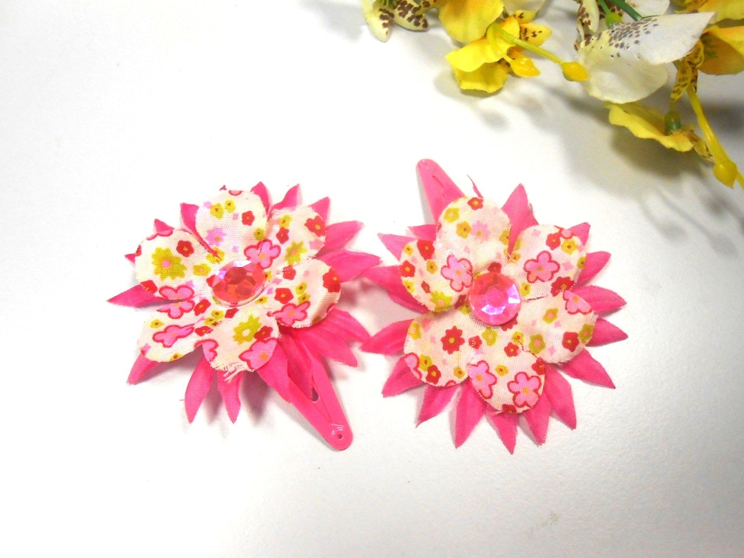 Flower Snap Hair Clip Set 2 Pieces Pink Crystal Floral Slide Pin Fringe ...