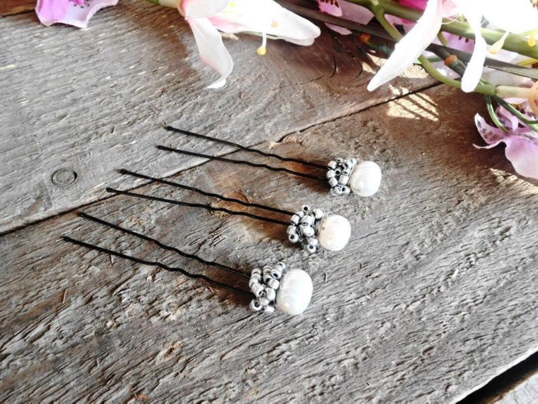 Fresh Water Pearl Hair Pins Set 3 Pcs Natural Shell Hairpiece Bridal ...