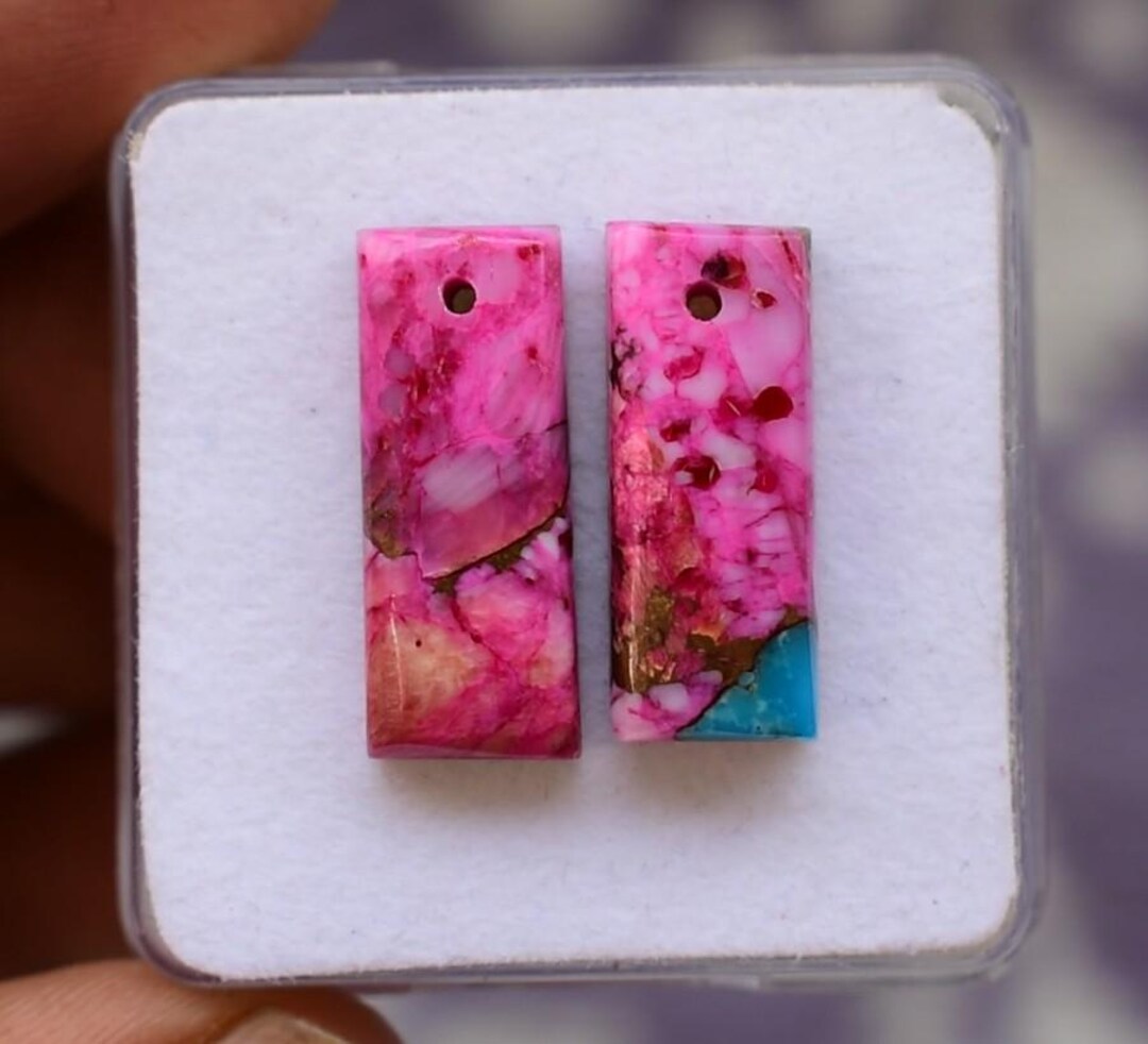 Kingman Turquoise, Pink Opal, Spiny Oyster Shell Cabochon Pair, Drilled ...