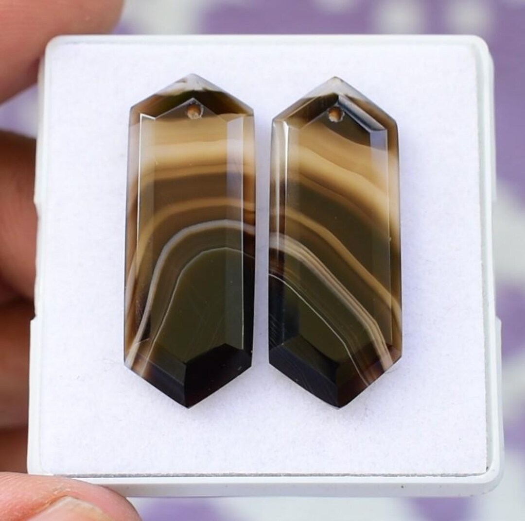 Natural Banded Agate Drilled Matched Pair Crystal Cabochon Step Cut ...