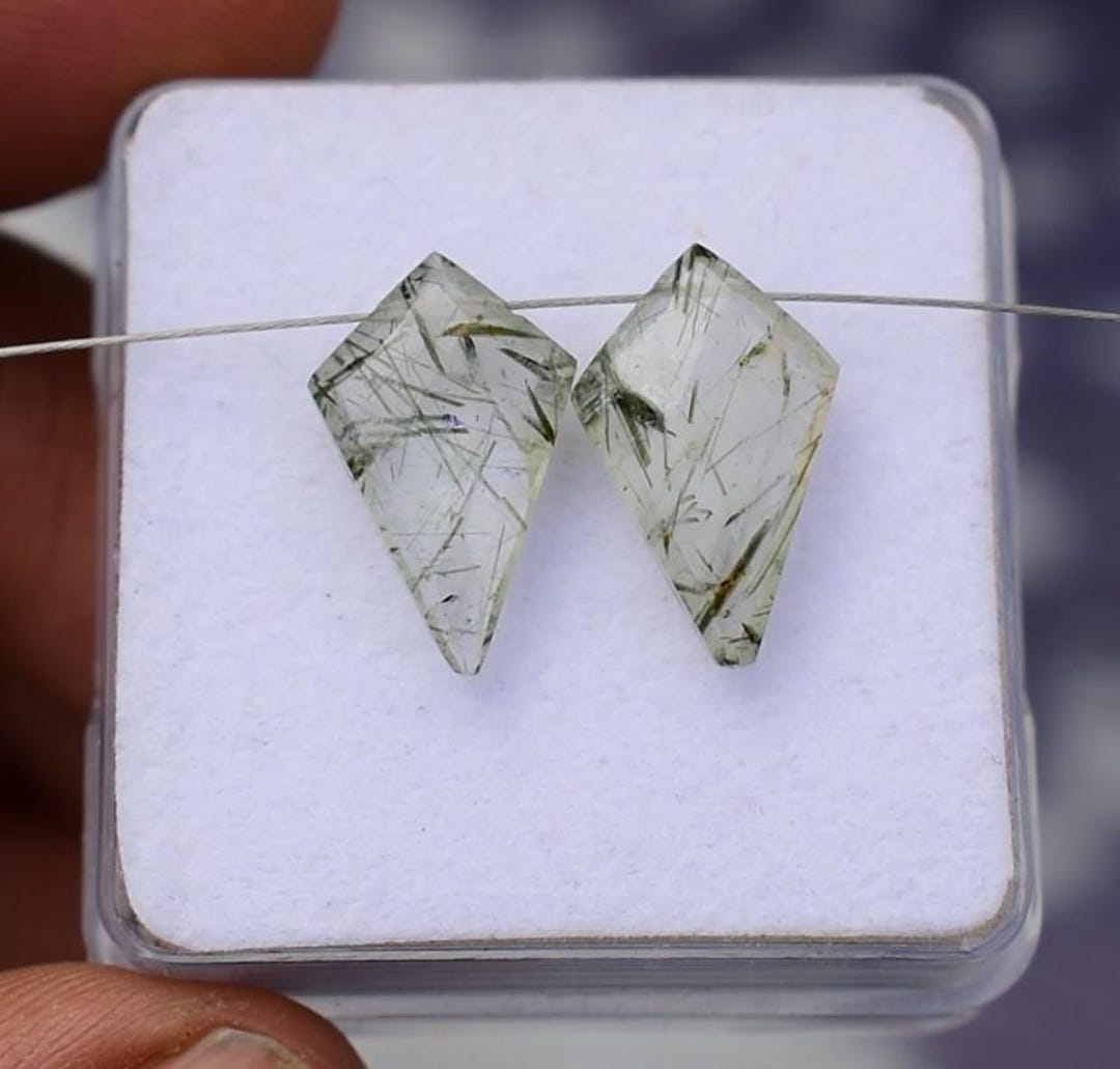 Green Rutilated Quartz Drilled Pair Gemstone Beads Natural Green Rutile ...