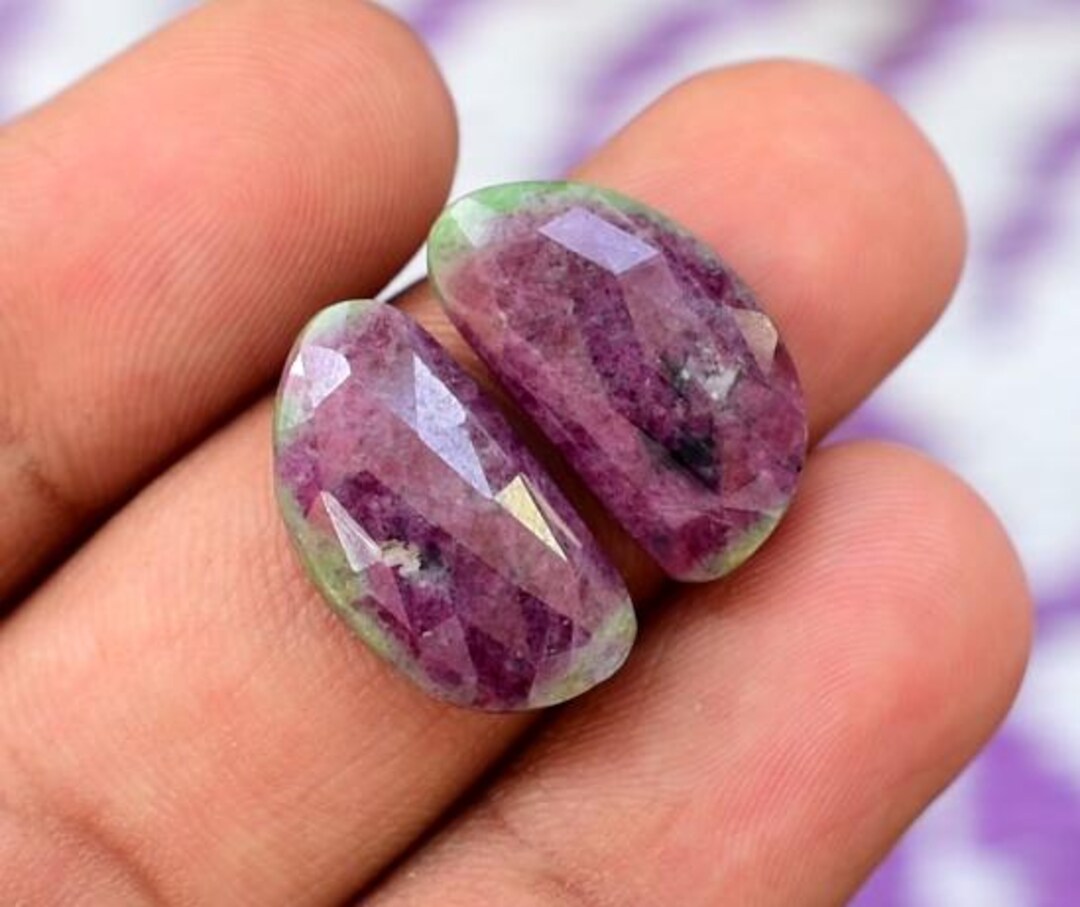 Natural Ruby Zoisite Pair Gemstone, High Quality Flat Back Ruby Zoisite Rosecut Cabochon 20x10 ...