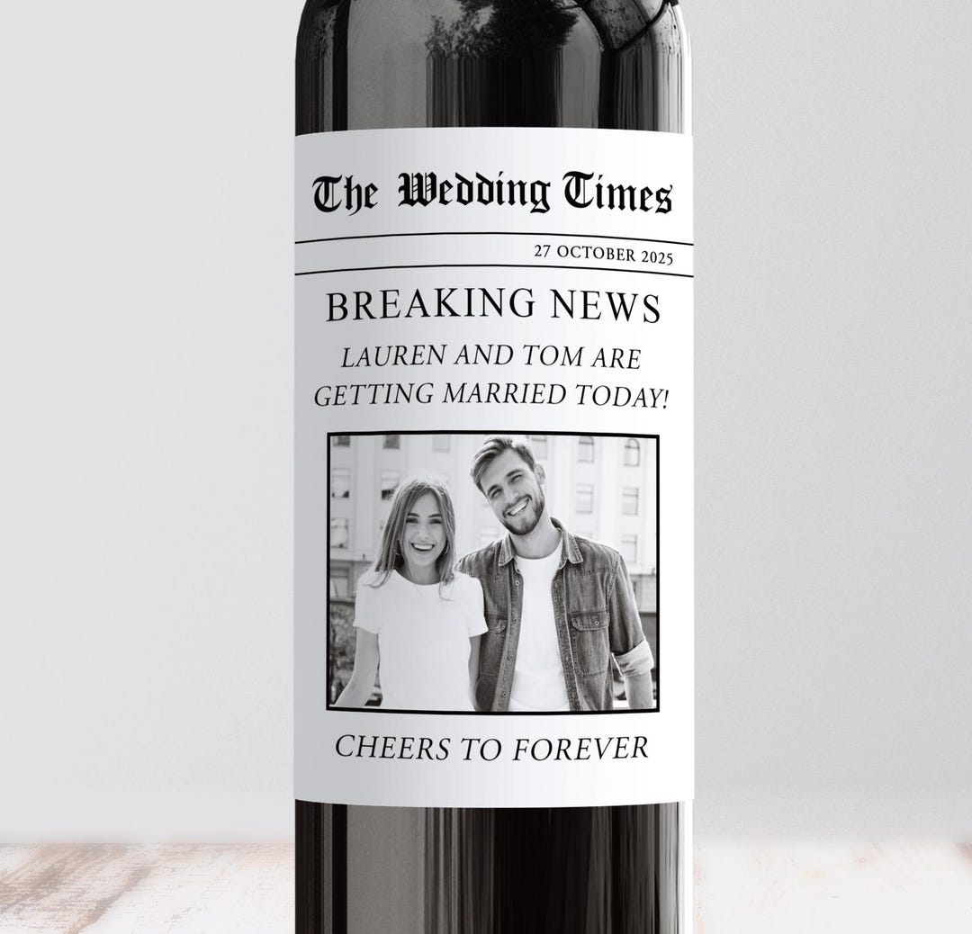 Personalised Wedding Newspaper Photo Congratulations Wine Label, Cheers ...