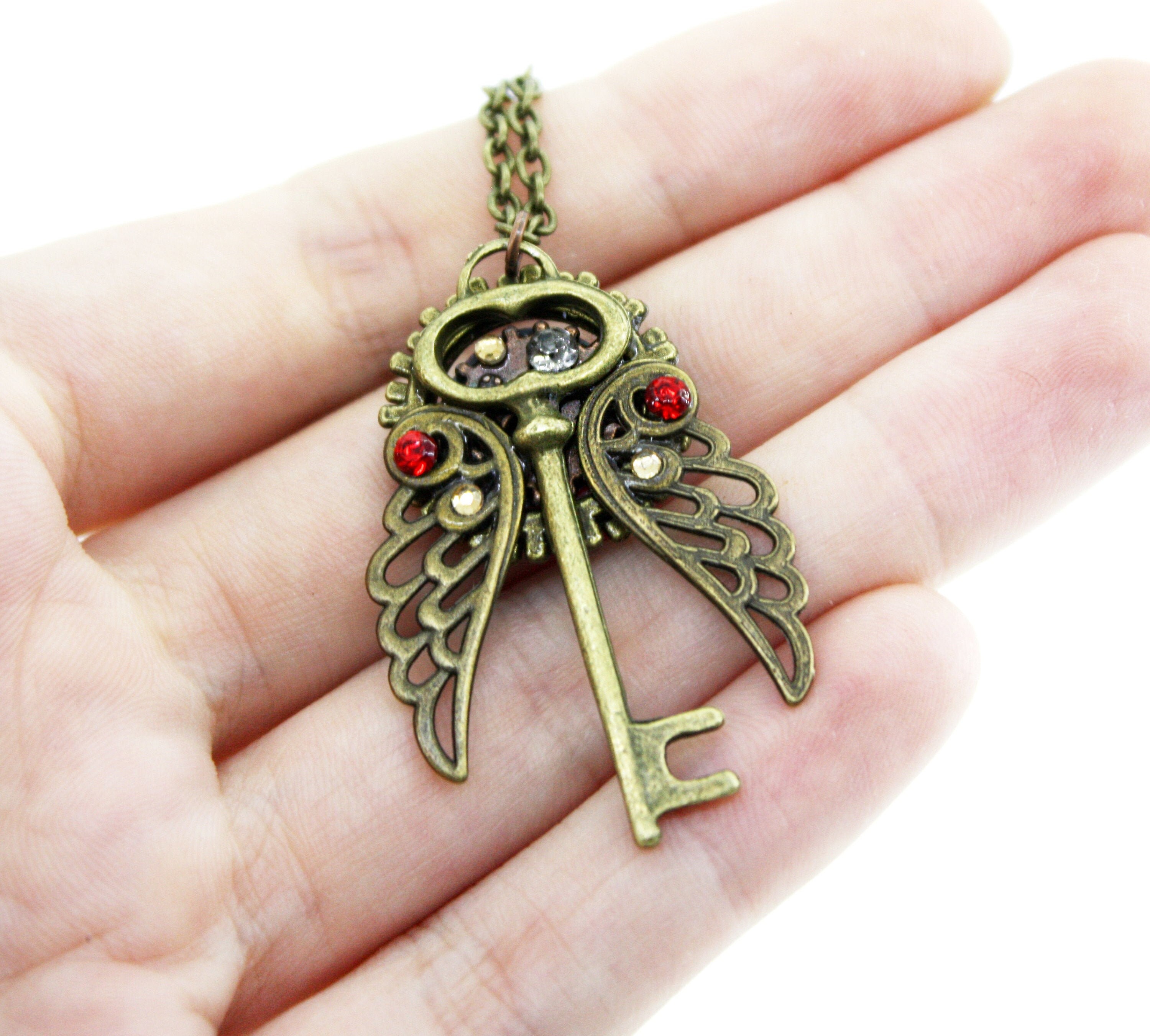 Skeleton Key Necklace Bronze Angel Wings Necklace Steampunk Costume ...