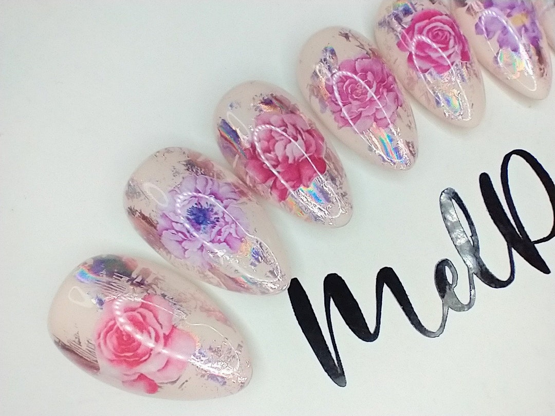 Flowers and Holo Press on Nails - Etsy
