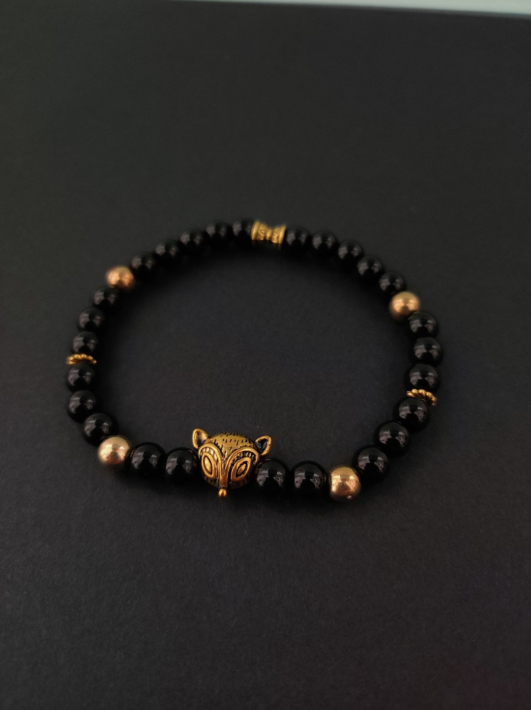 Golden Fox Bracelet Black and Gold Beads Black and Gold Fox Animal ...