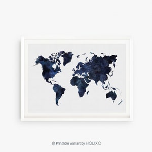 Blue World Map Printable, Watercolour World Map Print, Navy Blue Print ...
