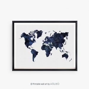 Blue World Map Printable, Watercolour World Map Print, Navy Blue Print ...
