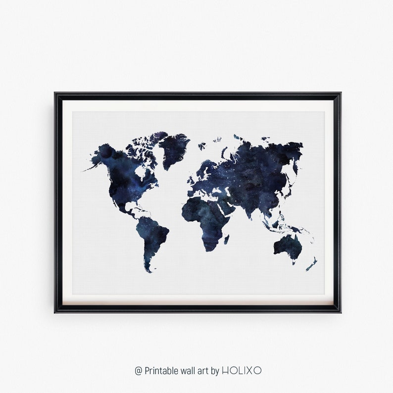 Watercolor World Map Print Navy Blue Wall Art Print Bedroom | Etsy