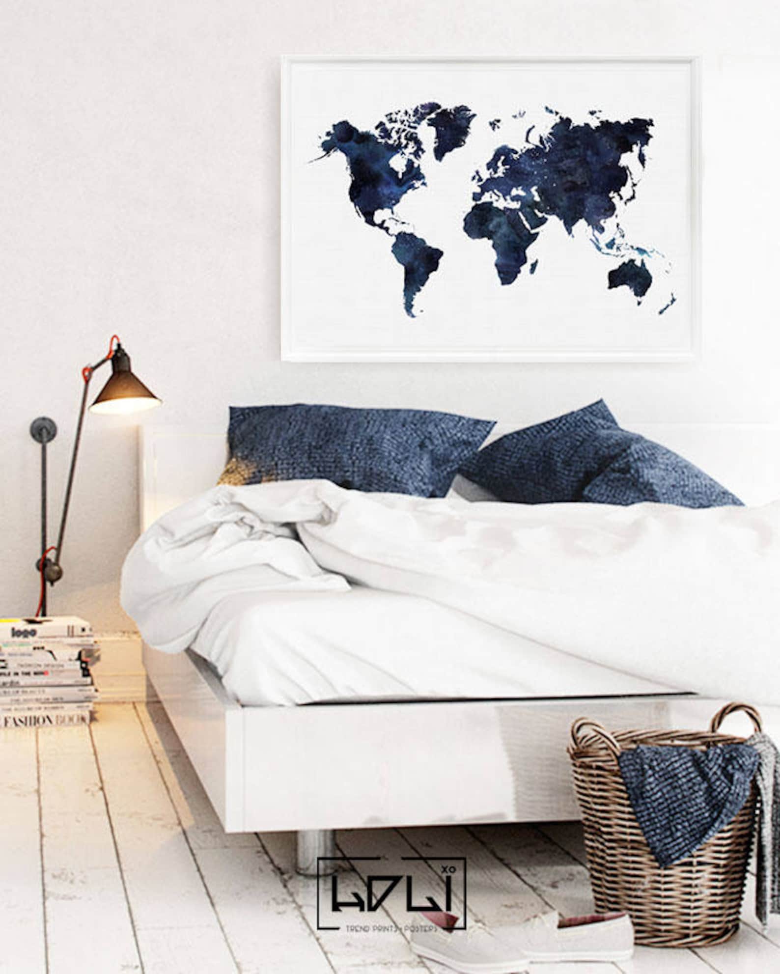 Blue World Map Printable, Watercolour World Map Print, Navy Blue Print ...