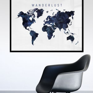 Blue World Map Printable, Watercolour World Map Print, Navy Blue Print ...