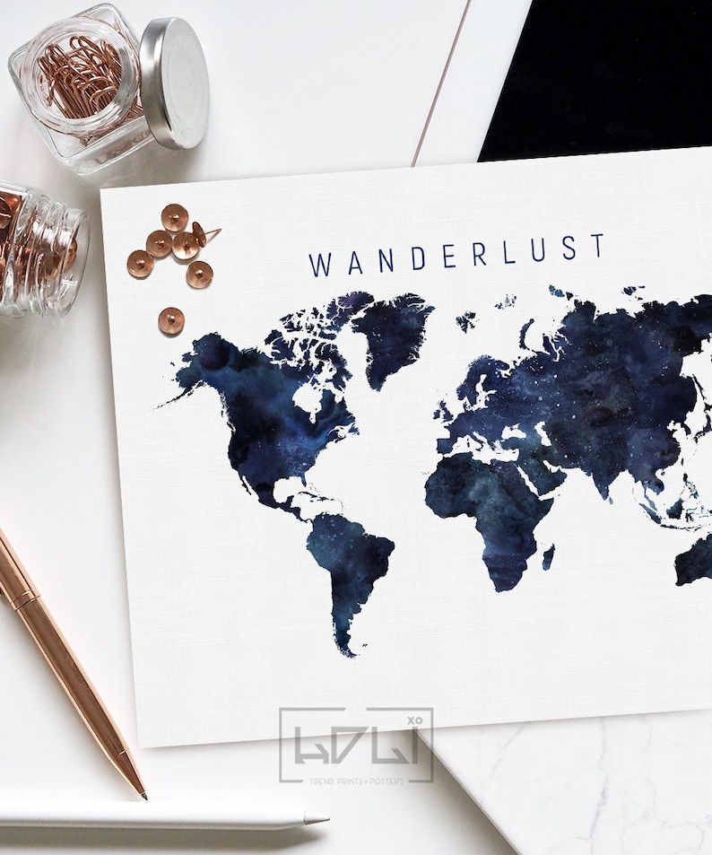Blue World Map Printable Watercolour World Map Print Navy | Etsy