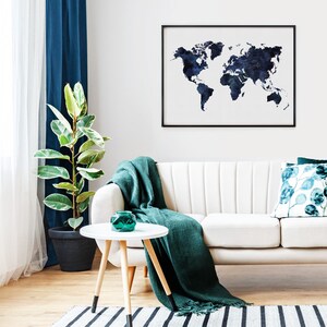 Blue World Map Printable, Watercolour World Map Print, Navy Blue Print ...