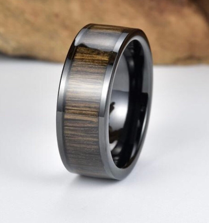 Ancient Bog Oak Mens Wedding Ring Black Tungsten Ring With Bog | Etsy