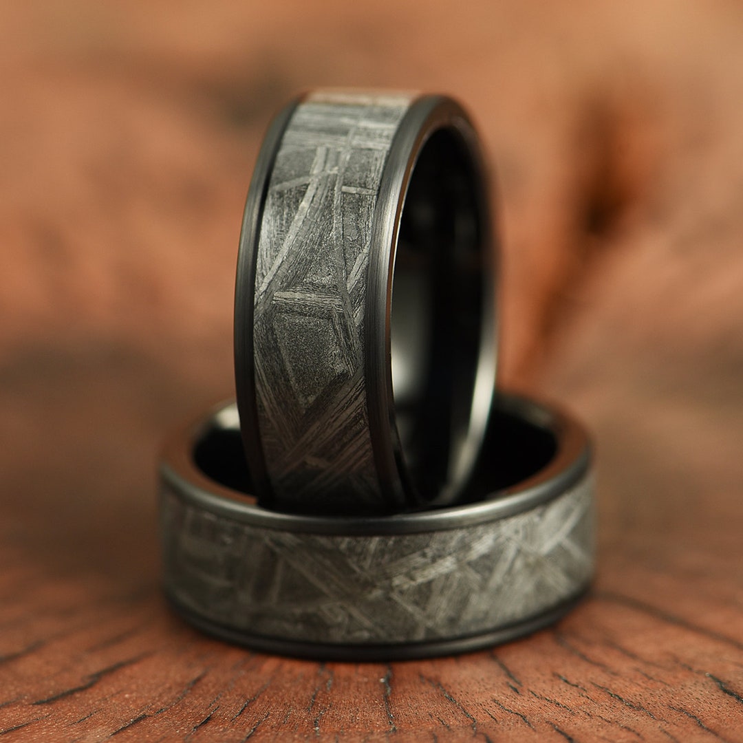 Meteorite Mens Ring Genuine Muonionalusta Meteorite in Black Tungsten ...