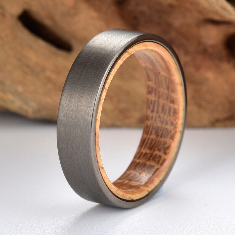 Whiskey Barrel Wood Mens Wedding Ring Gun Metal Grey Tungsten | Etsy