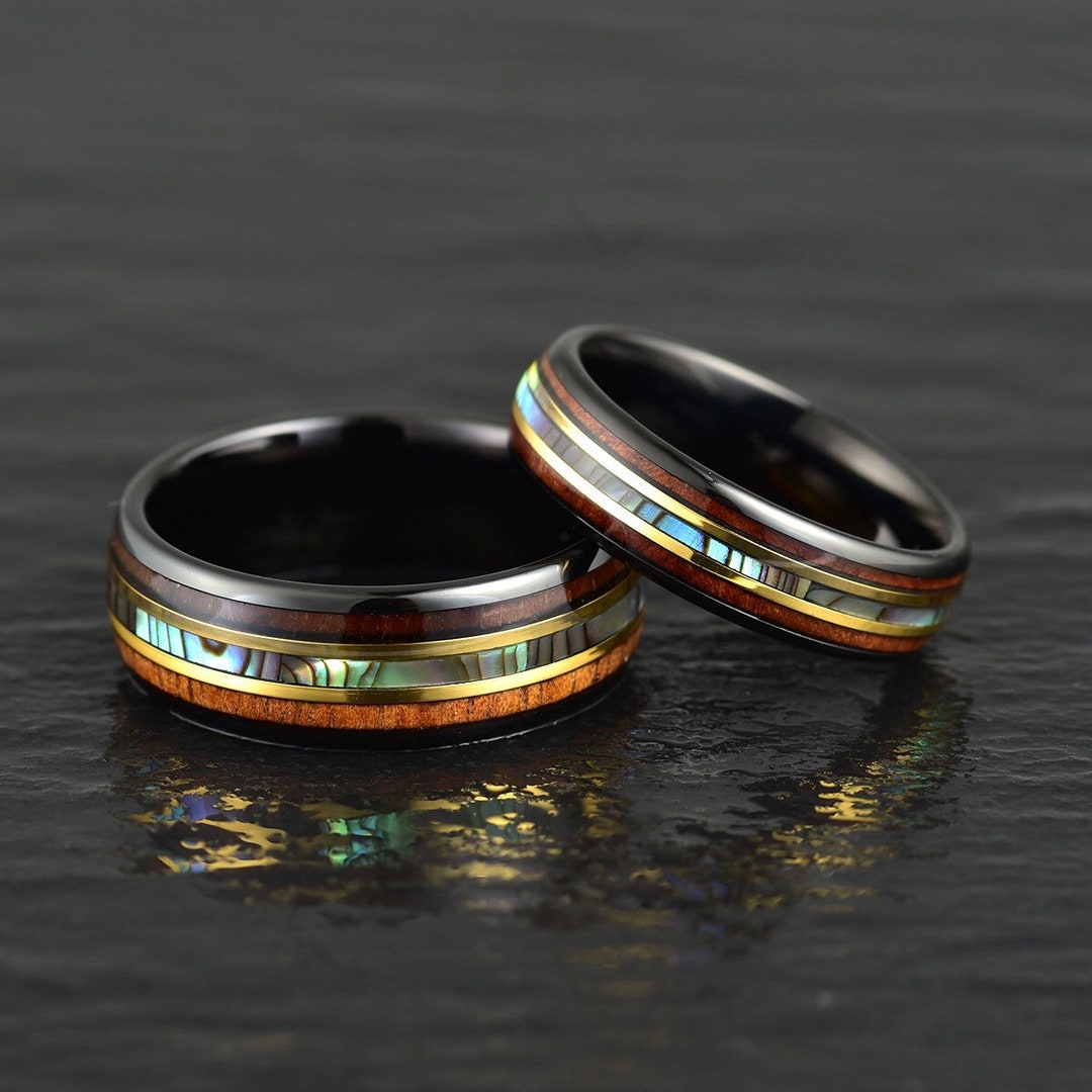 Mens Ring Koa Wood Abalone Shell Black Tungsten Mens Wedding Band ...