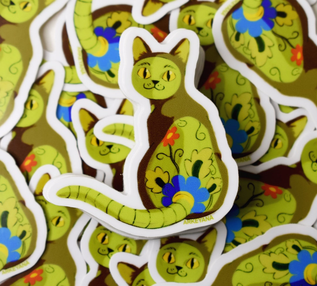 Cute Flower Cat Sticker, Vintage Inspired Green Cat Sticker, Cute ...