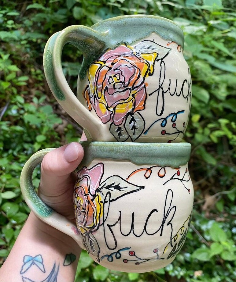Handmade Ceramic Mug With Fuck Or Fuck Cancer And Floral Etsy Uk
