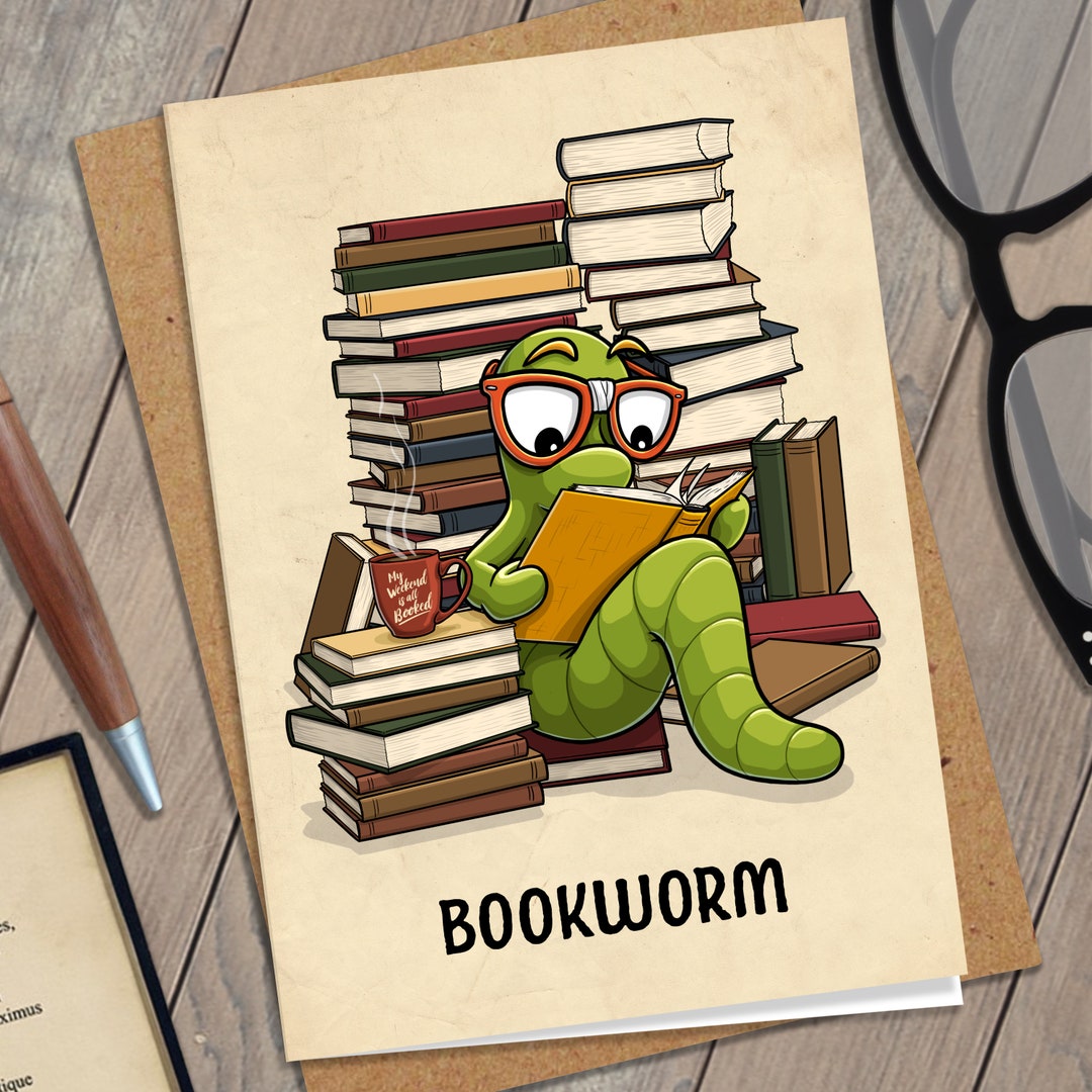 Bookworm Illustrated Greeting Card Funny Card Vertical Card - Etsy