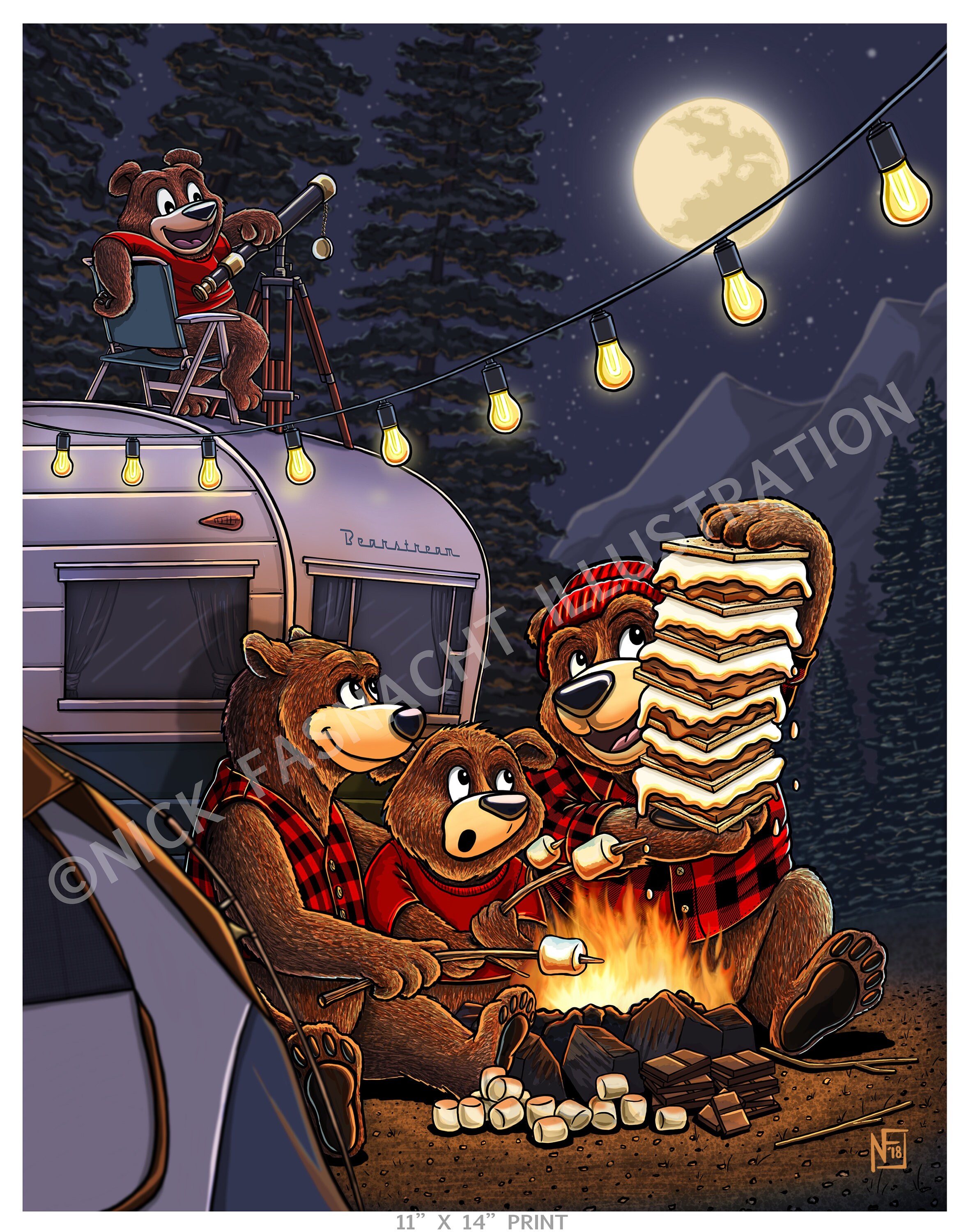 Campfire S'mores Bear Illustration, Giclee Art Print, Camping Art, Tent ...