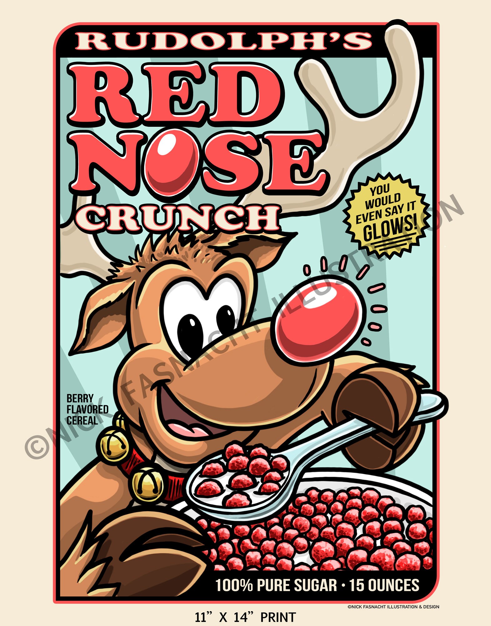 Rudolph's Red Nose Crunch Cereal Box Art Print, Christmas Art, Giclee ...