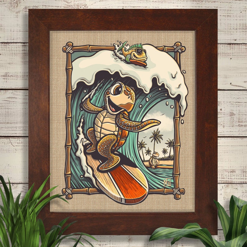 Surfing Sea Turtle Illustration, Giclee Art Print, Beach, Surfboard ...