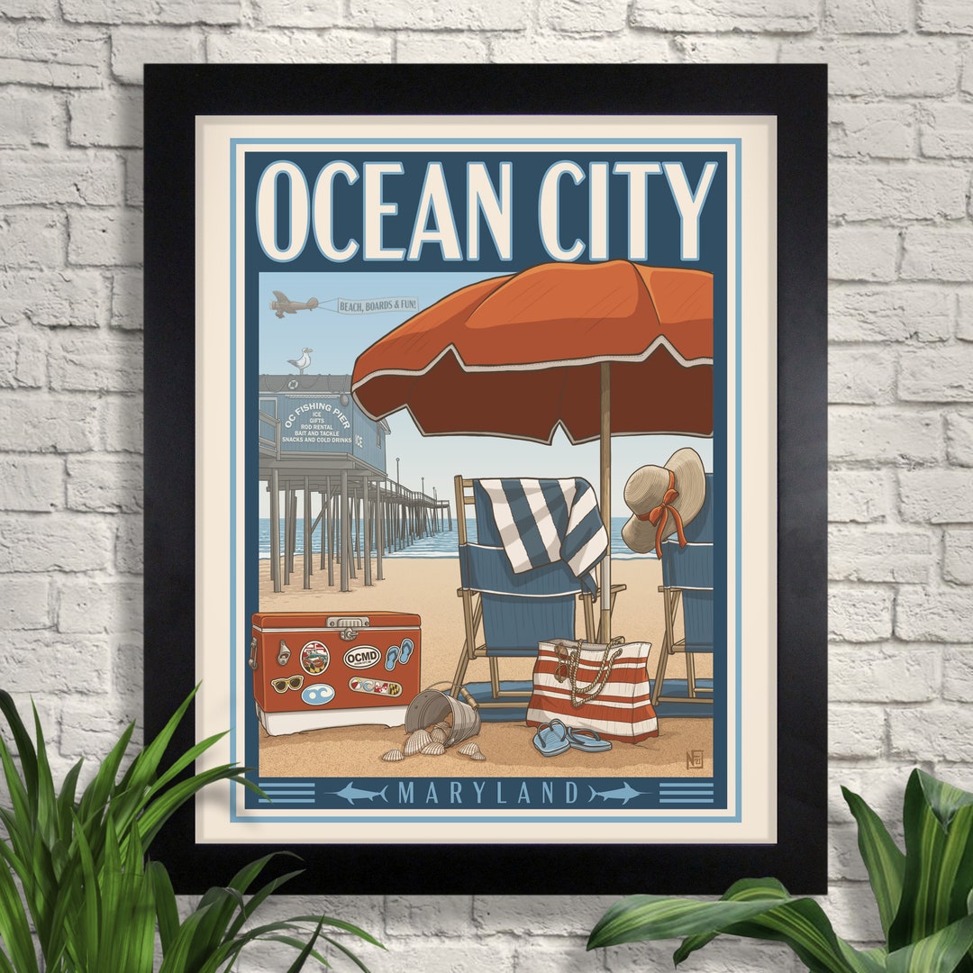 Ocean City, Maryland Travel Poster Illustration, Giclee Art Print ...
