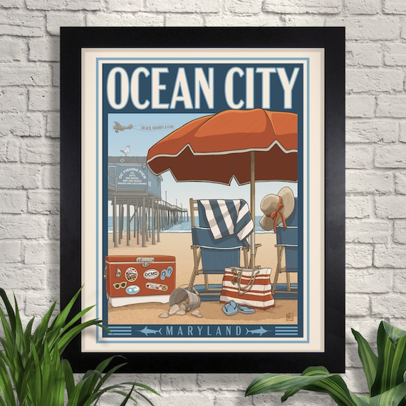 Ocean City Maryland Travel Poster Illustration Giclee Art | Etsy