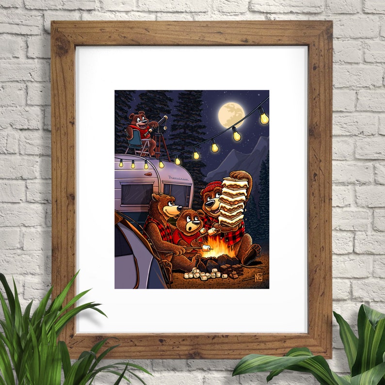 Campfire S'mores Bear Illustration, Giclee Art Print, Camping Art, Tent ...