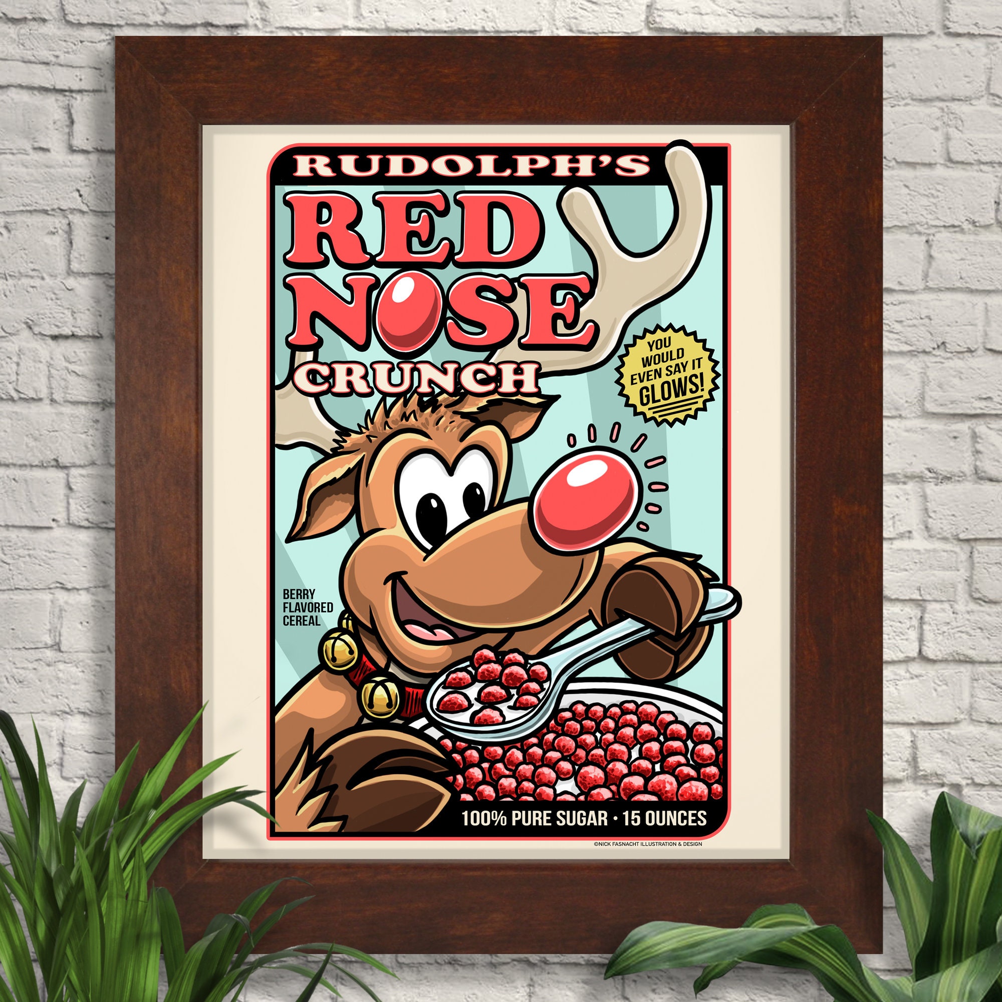Rudolph's Red Nose Crunch Cereal Box Art Print, Christmas Art, Giclee ...