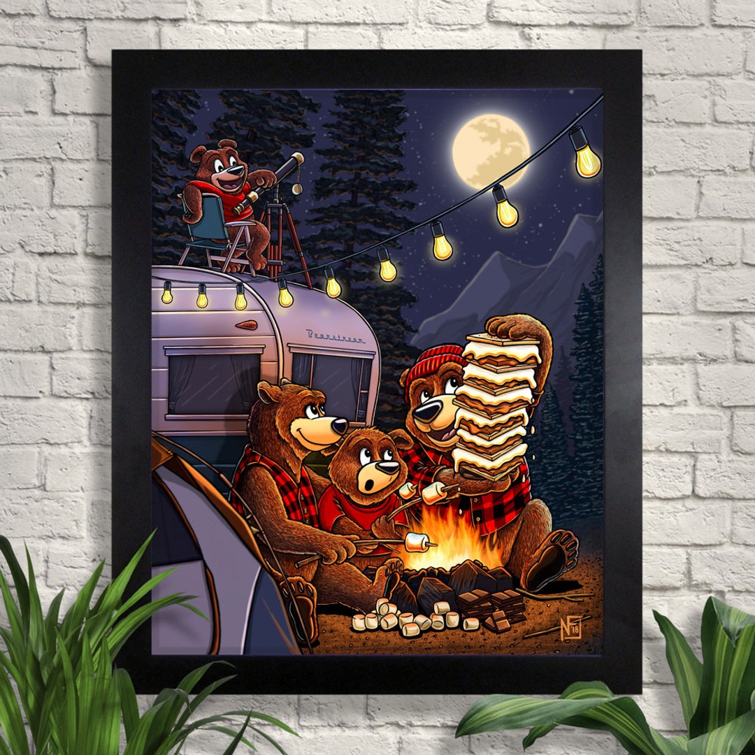 Campfire S'mores Bear Illustration, Giclee Art Print, Camping Art, Tent ...