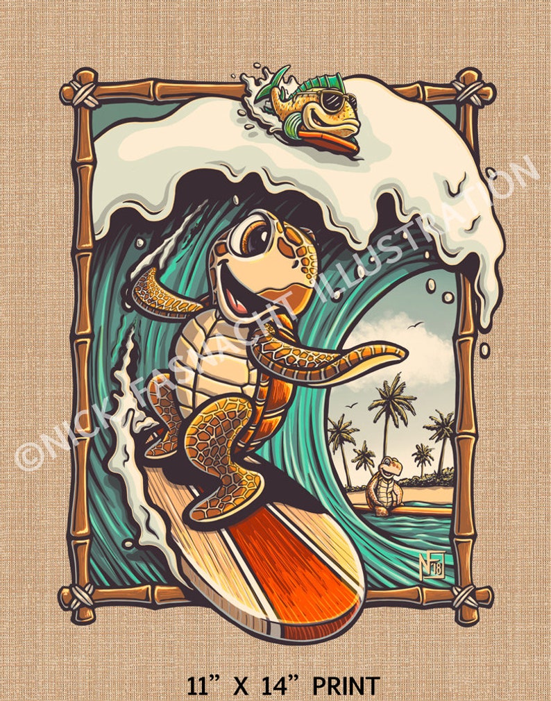 Surfing Sea Turtle Illustration, Giclee Art Print, Beach, Surfboard ...