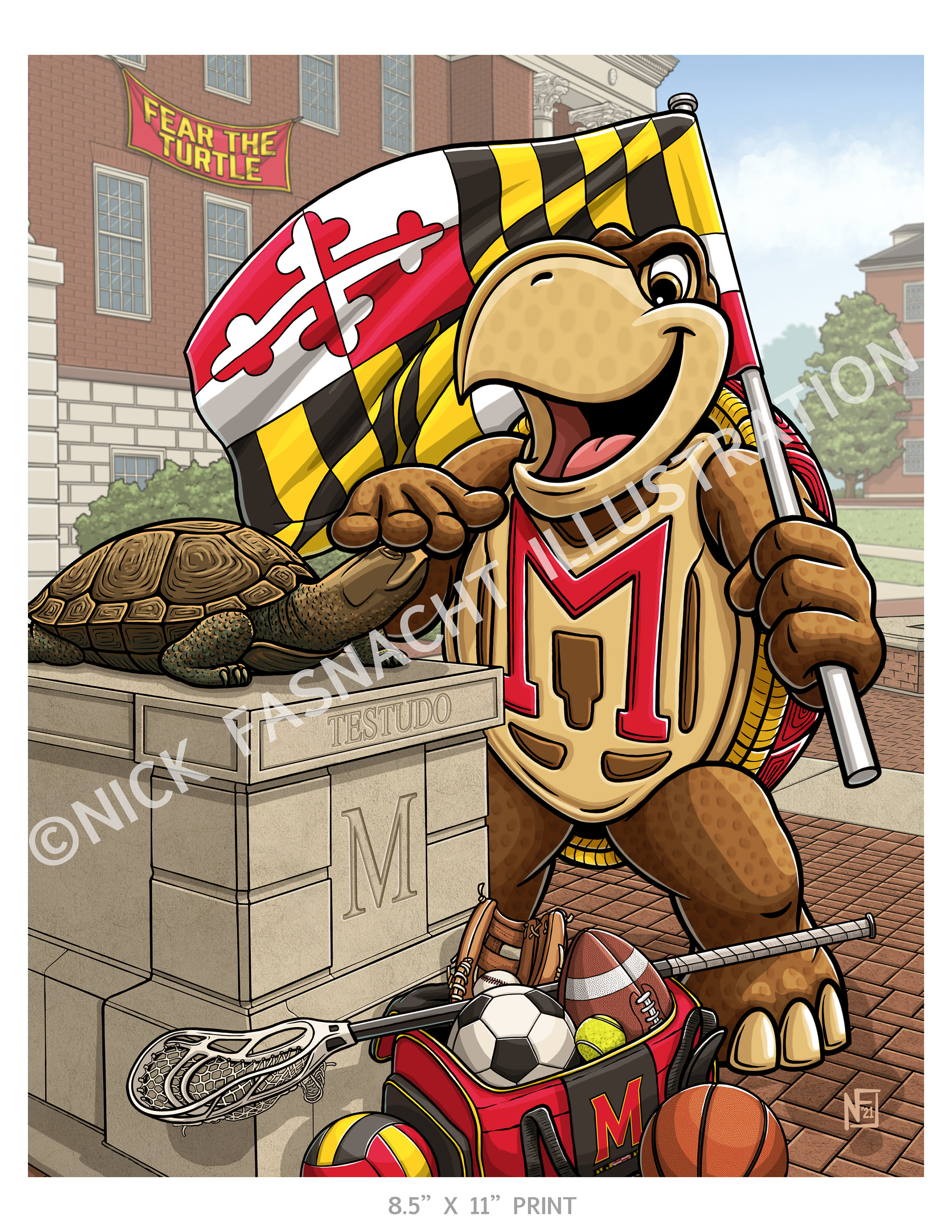 University of Maryland Fear the Turtle Testudo Print, Giclee, Sports ...