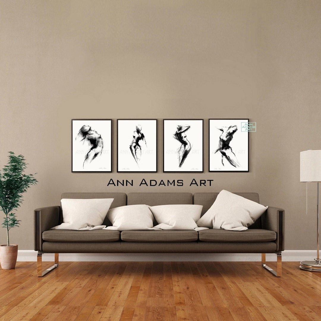 Set of 4, Charcoal Drawing Nude Sketch Movement Minimalist Female ...
