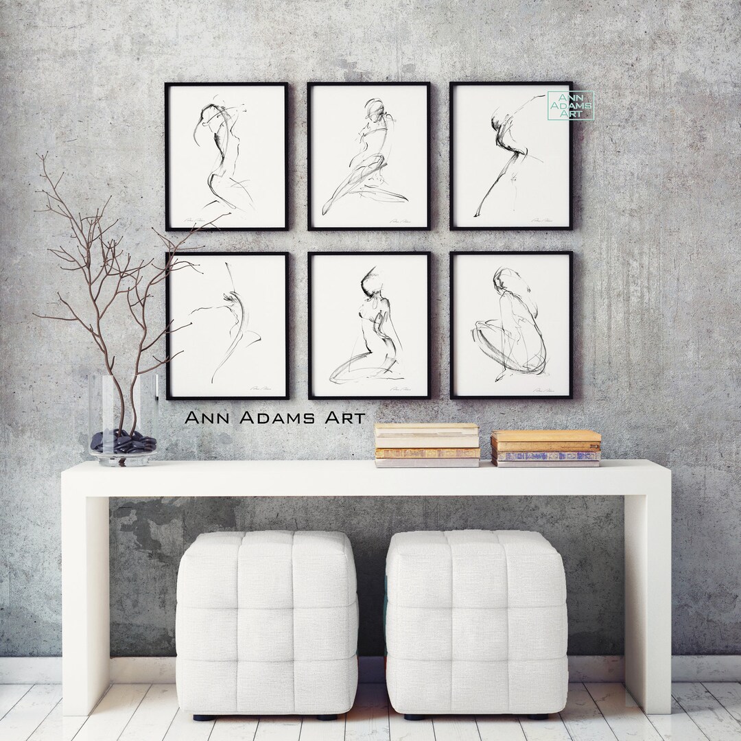 Set of 6, Abstract Figure Drawing Sketch Minimalist Black and White ...