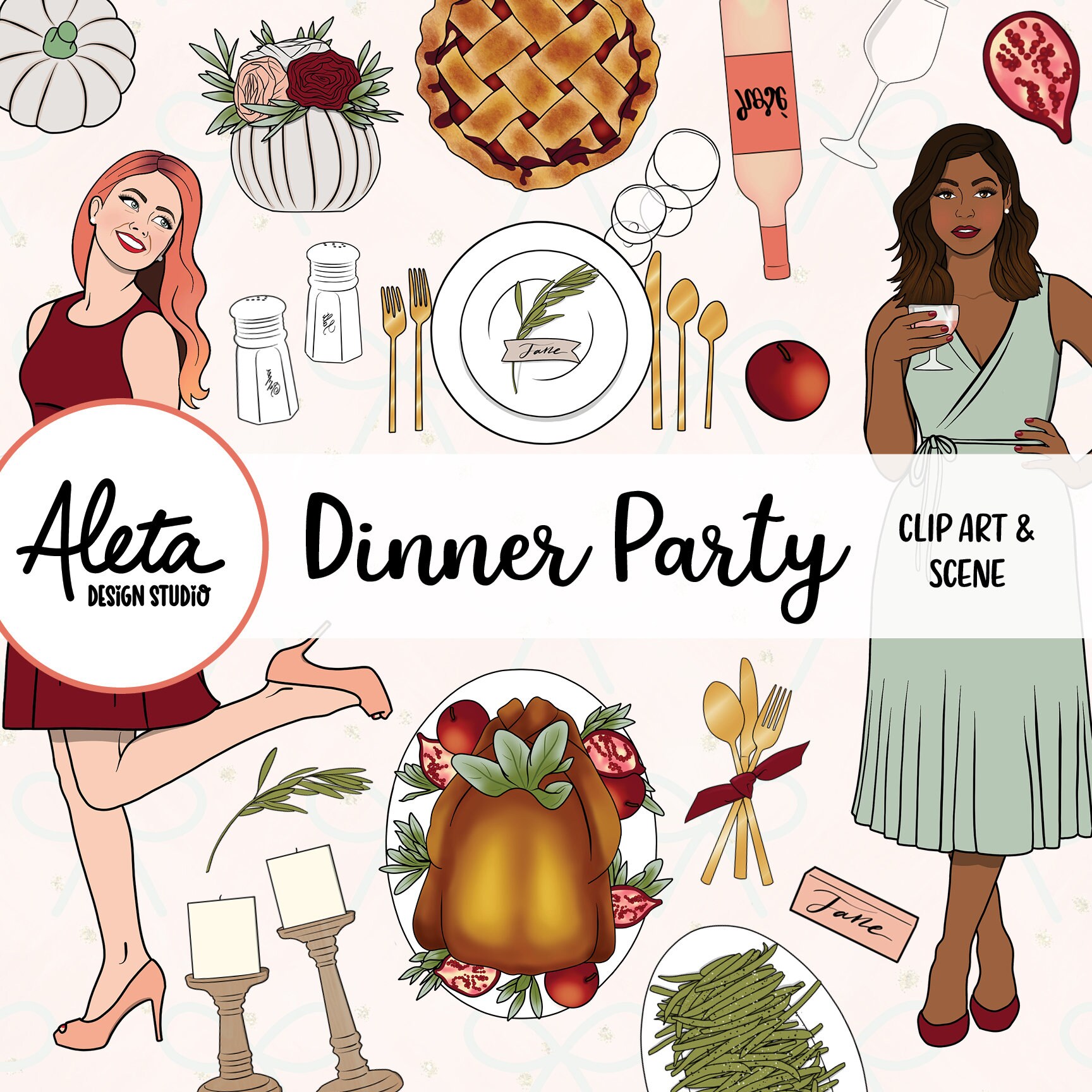 DINNER PARTY Hand Drawn Digital Clip Art Artwork Planner Stickers ...