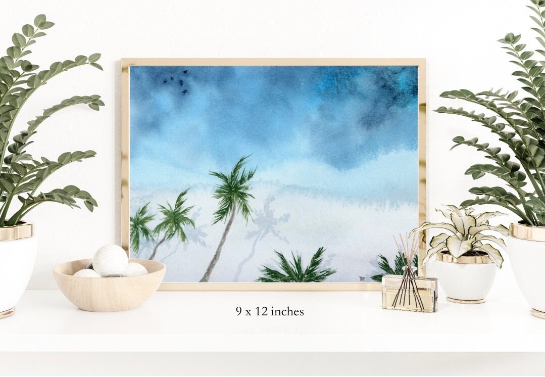 Landscape Palm Tree Coastal Watercolor Print, Ocean Wall Art, Ocean Art ...