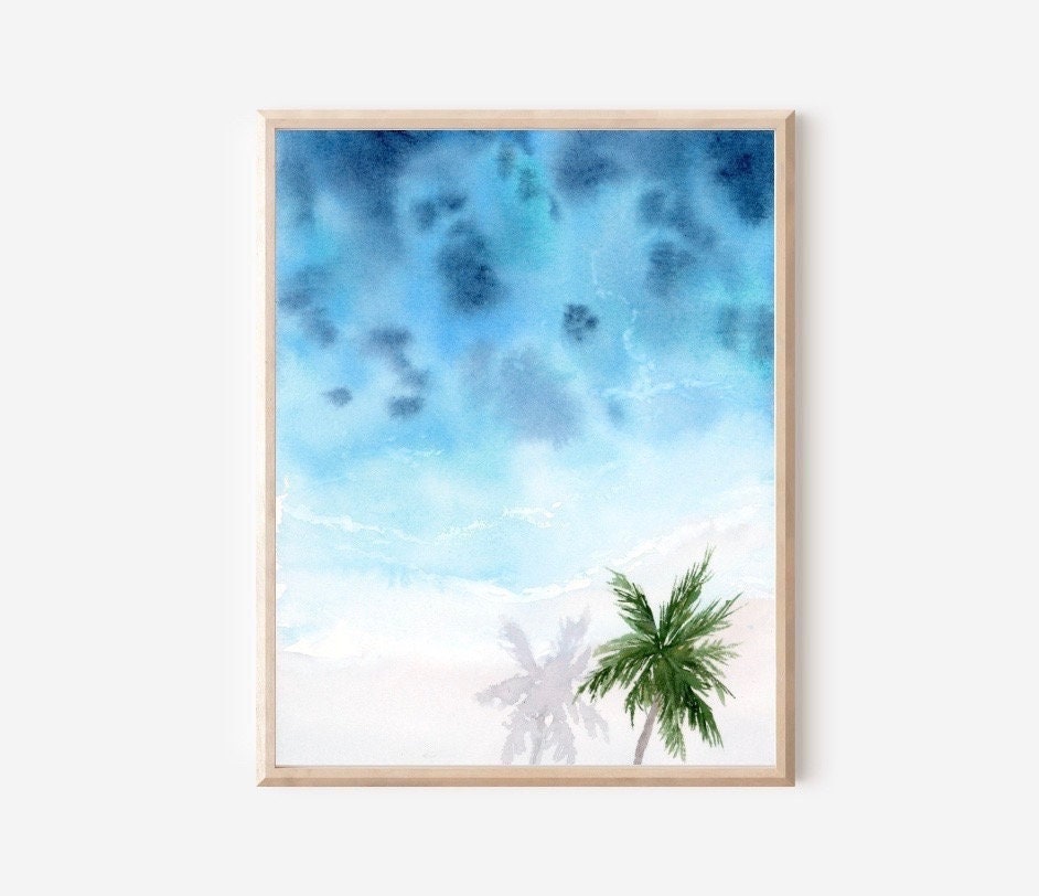 Palm Tree Shoreline Watercolor Print Ocean Wall Art Coastal - Etsy