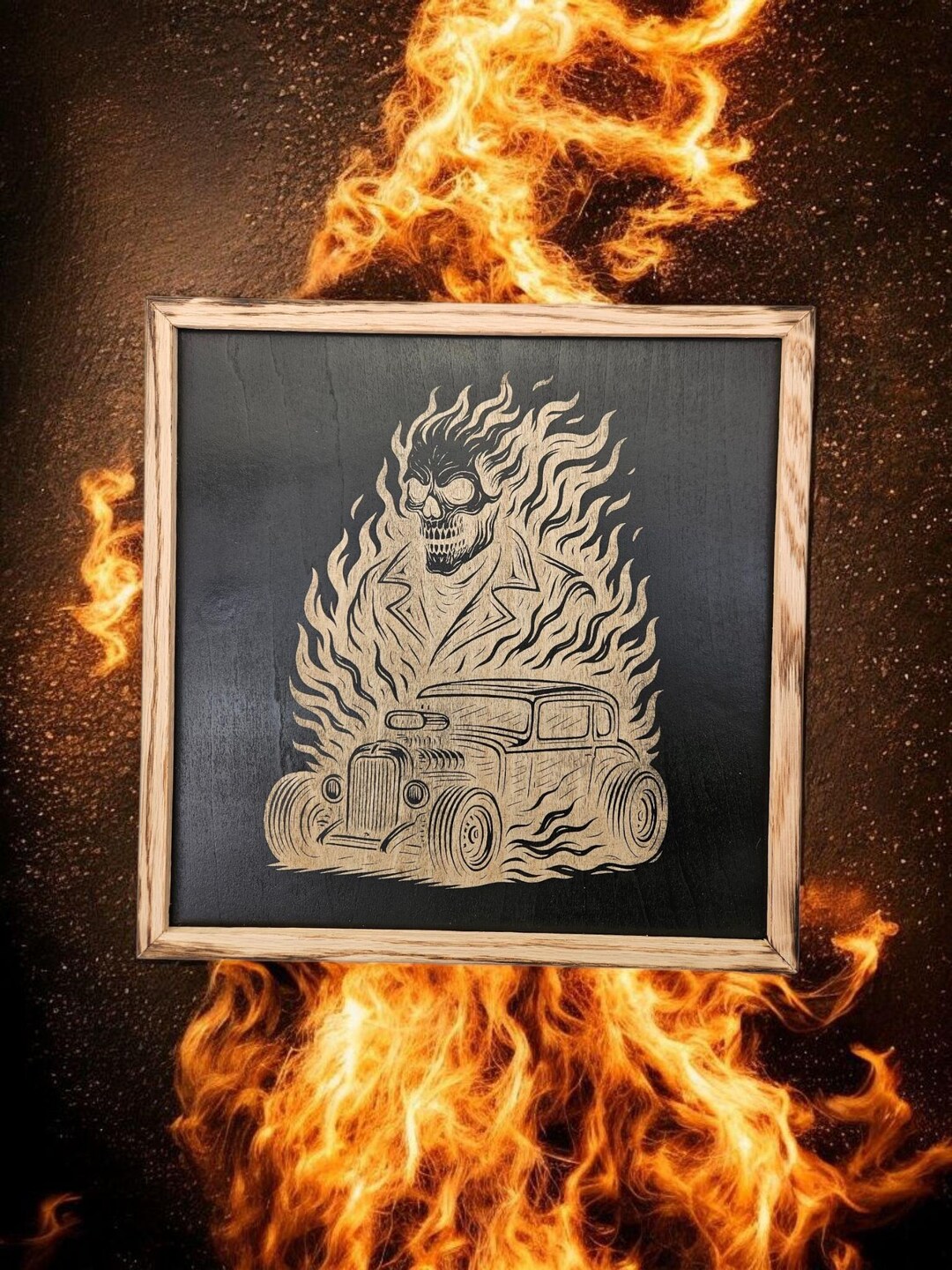 Flaming Hot Rod & Rider Wall Art - Vintage Kustom Rock Wood Art - Biker ...