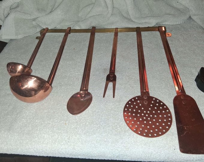 6 Piece Vintage Copper Kitchen Utensil Set With Brass Hanger - Etsy