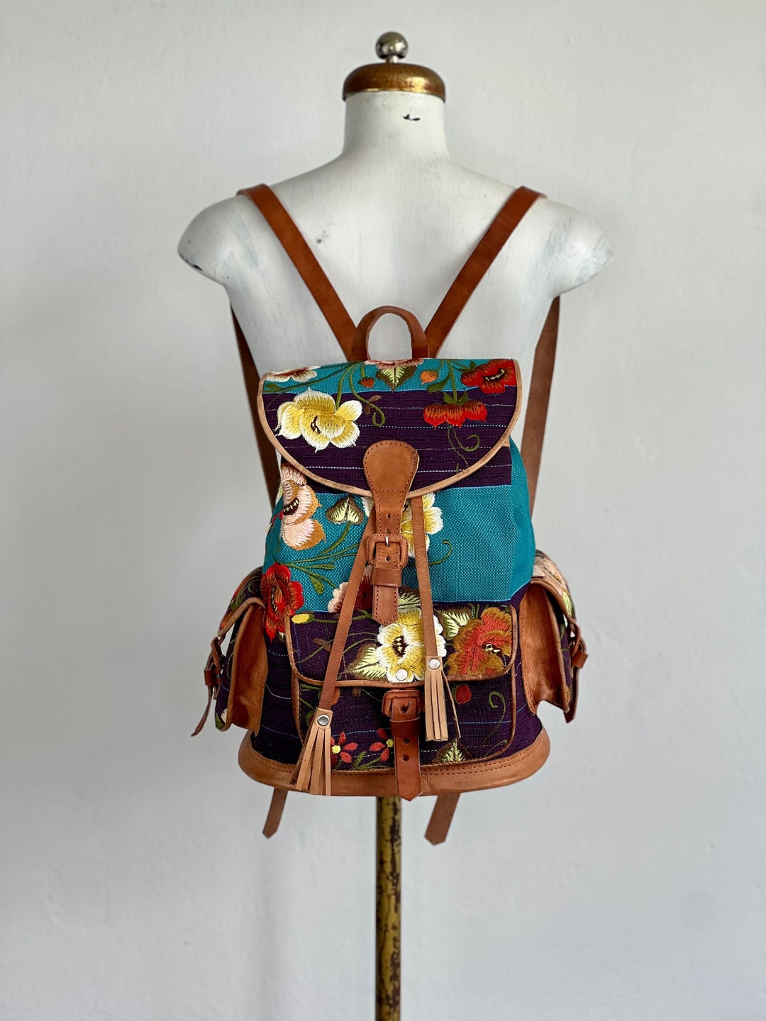 Mexican Leather Backpack With Hand Woven Cloth and Embroidered Flowers ...