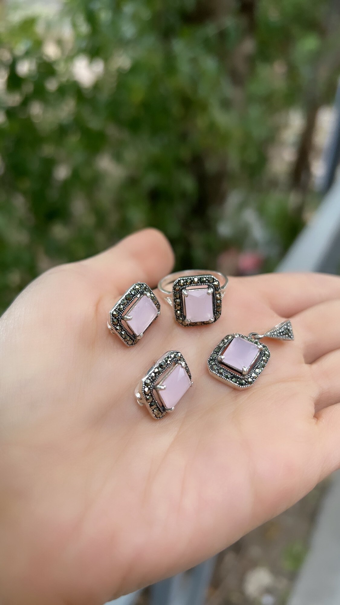 Rose Quartz Marcasite Ring STERLING SILVER 925 Armenian Ring, Square Gemstone Ring Armenian ...