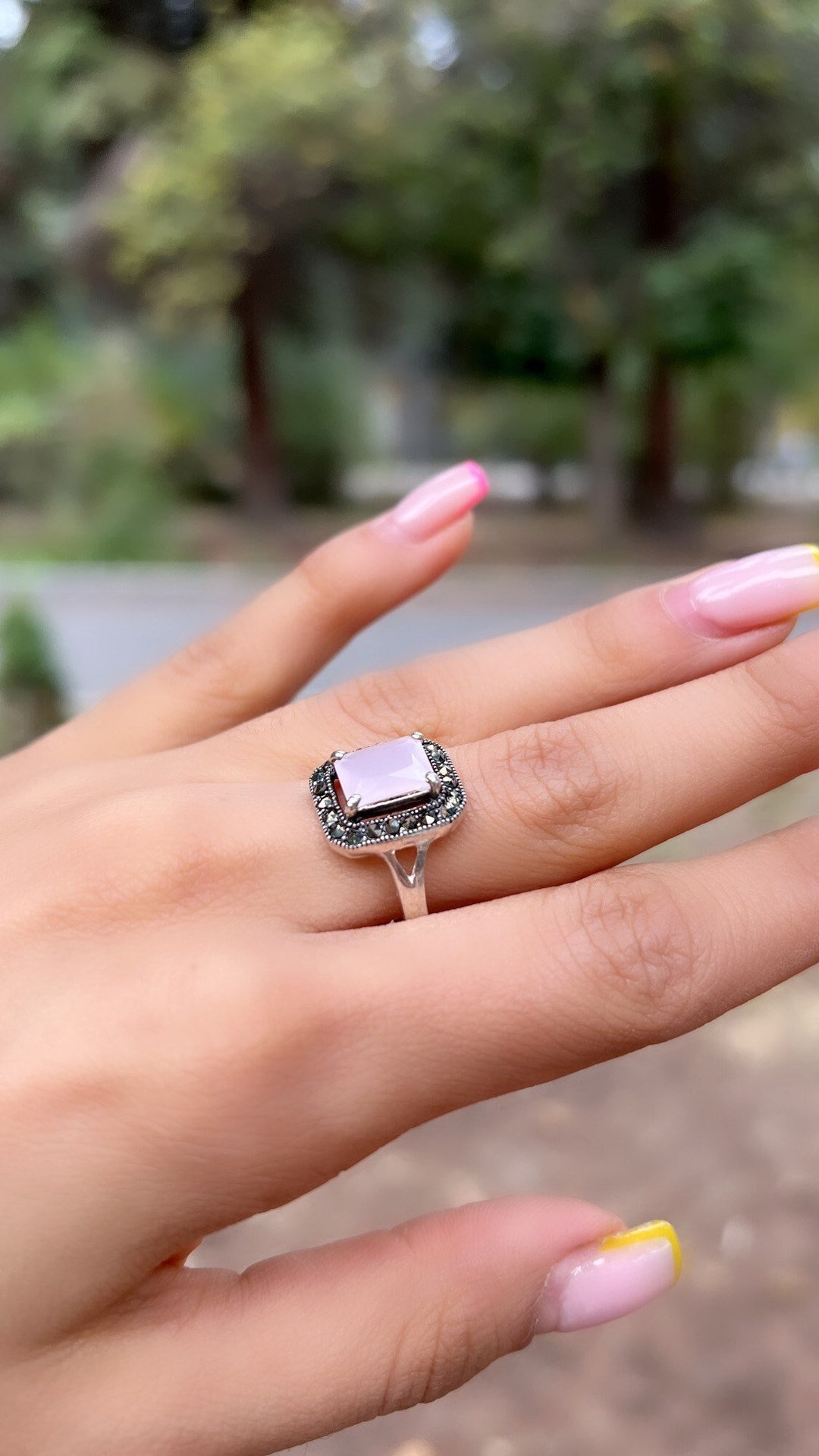 Rose Quartz Marcasite Ring STERLING SILVER 925 Armenian Ring, Square ...