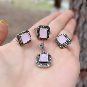 Rose Quartz Marcasite Ring STERLING SILVER 925 Armenian Ring, Square Gemstone Ring Armenian ...